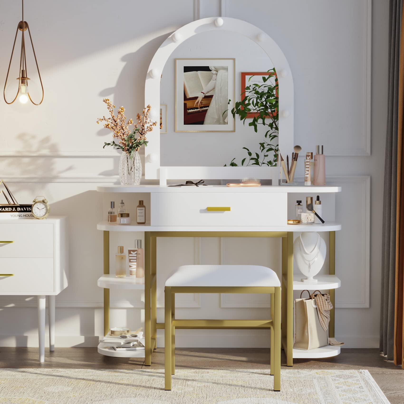 Smuxee Modern Vanity Table Set with 9 LED Lights and Mirror, Bedroom ...