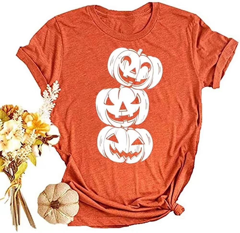 Womens Funny Leopard Pumpkin Shirts Short Sleeve Halloween Thanksgiving ...
