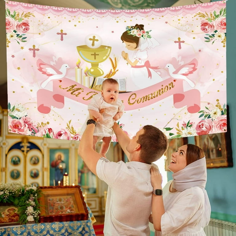 First Communion Backdrop Religious Decor, Pink First Holy Communion