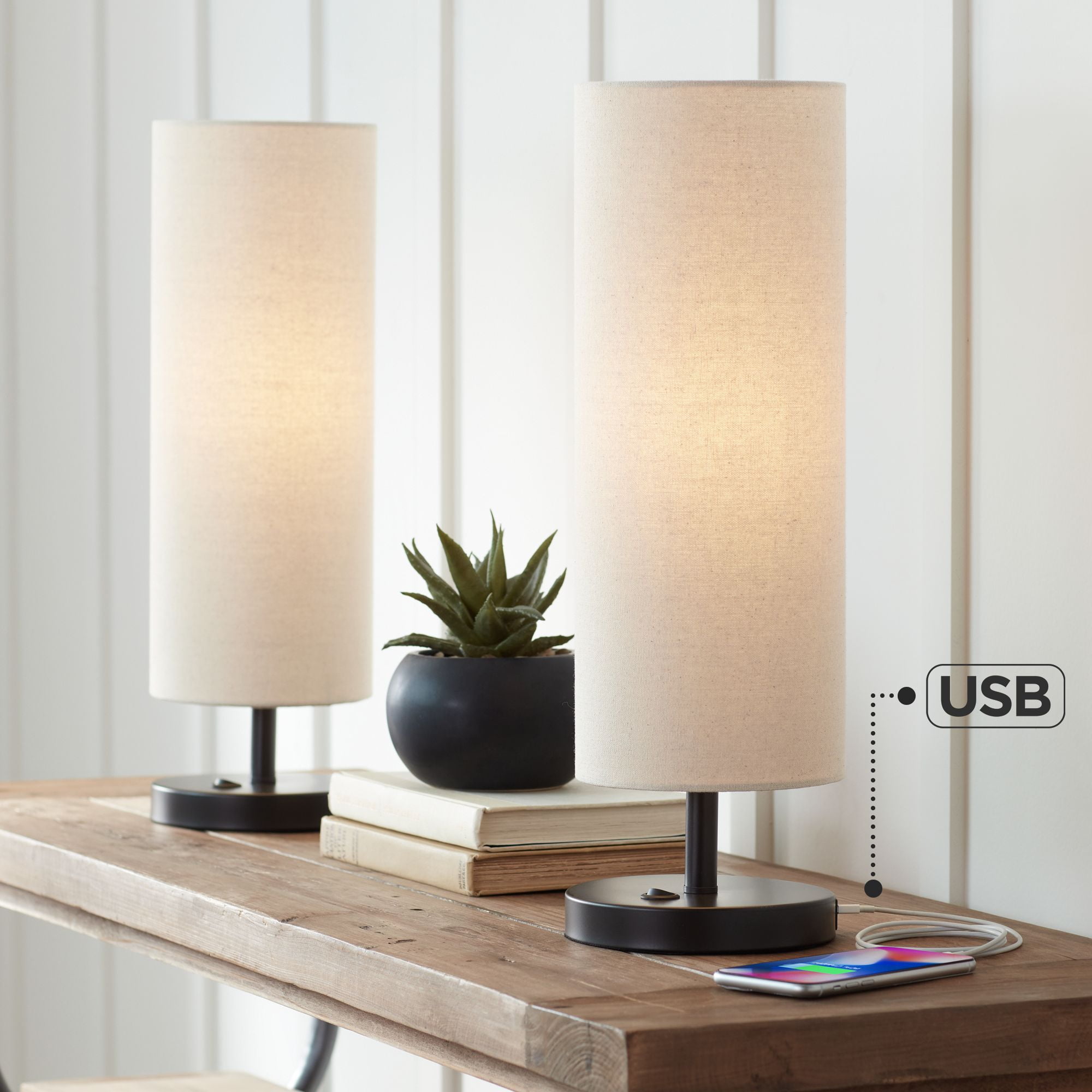 360 Lighting Heyburn Modern Accent Table Lamps 20" High Set of 2 Bronze with USB and AC Power ...