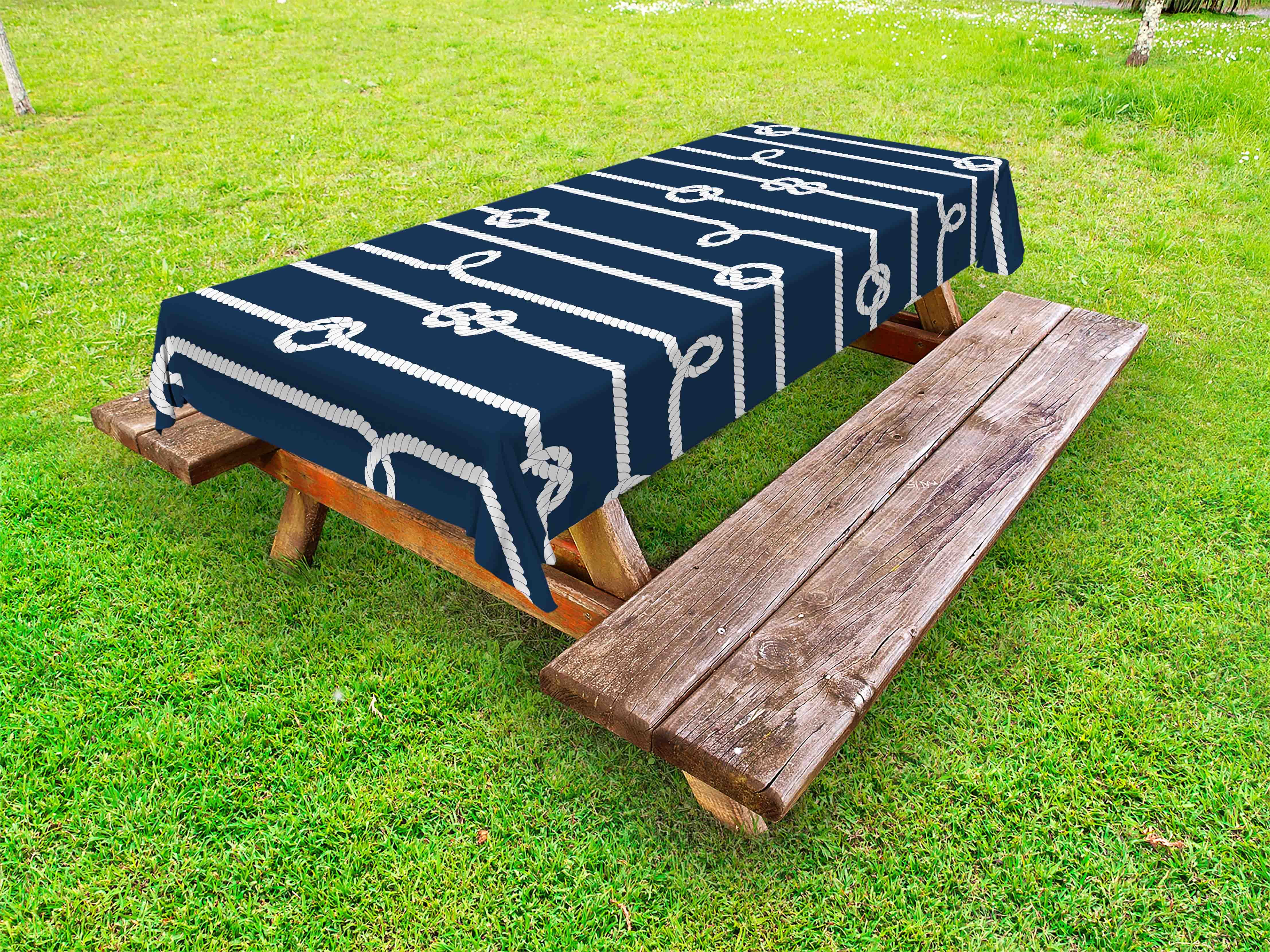 Navy Blue Outdoor Tablecloth, Horizontal Marine Knots Ropes Figures ...