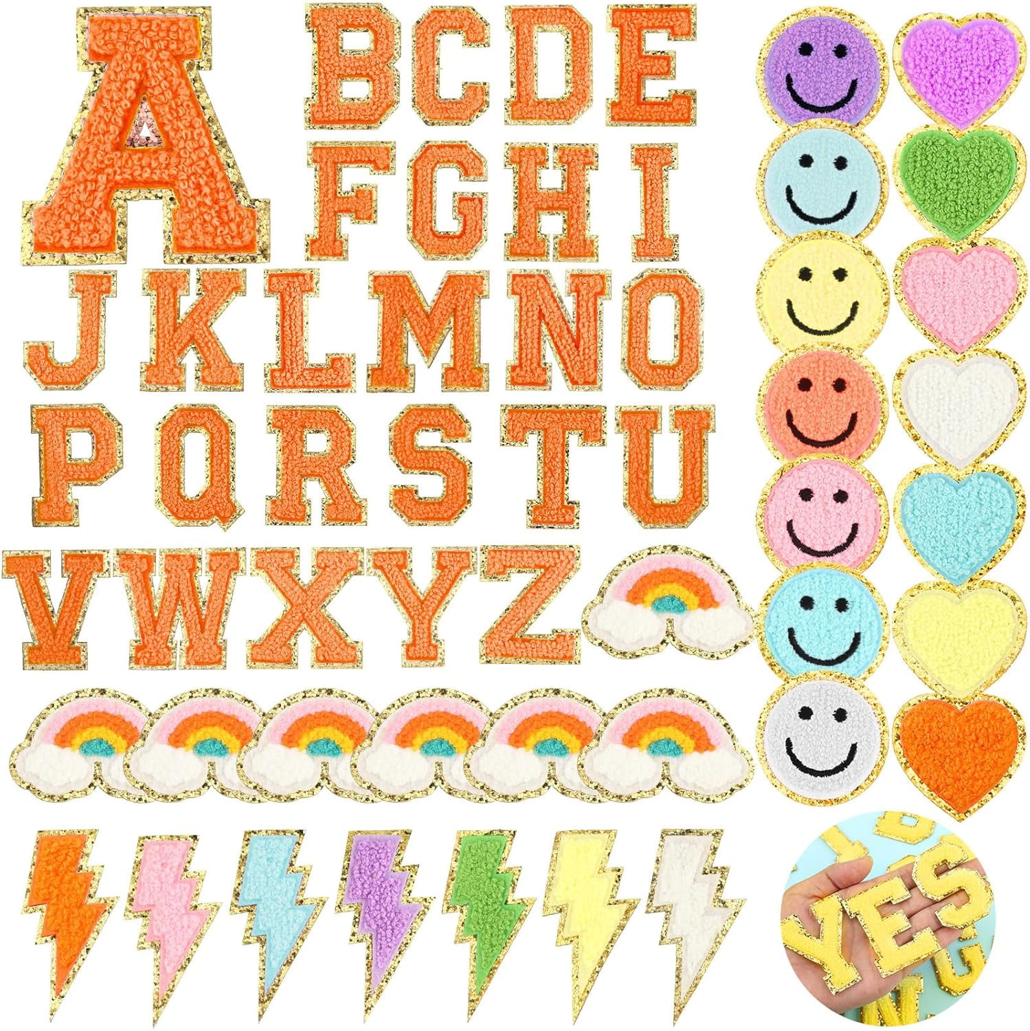 SURJDE 54 Pcs Self Adhesive Chenille Letters Patches Glitter Rainbow ...