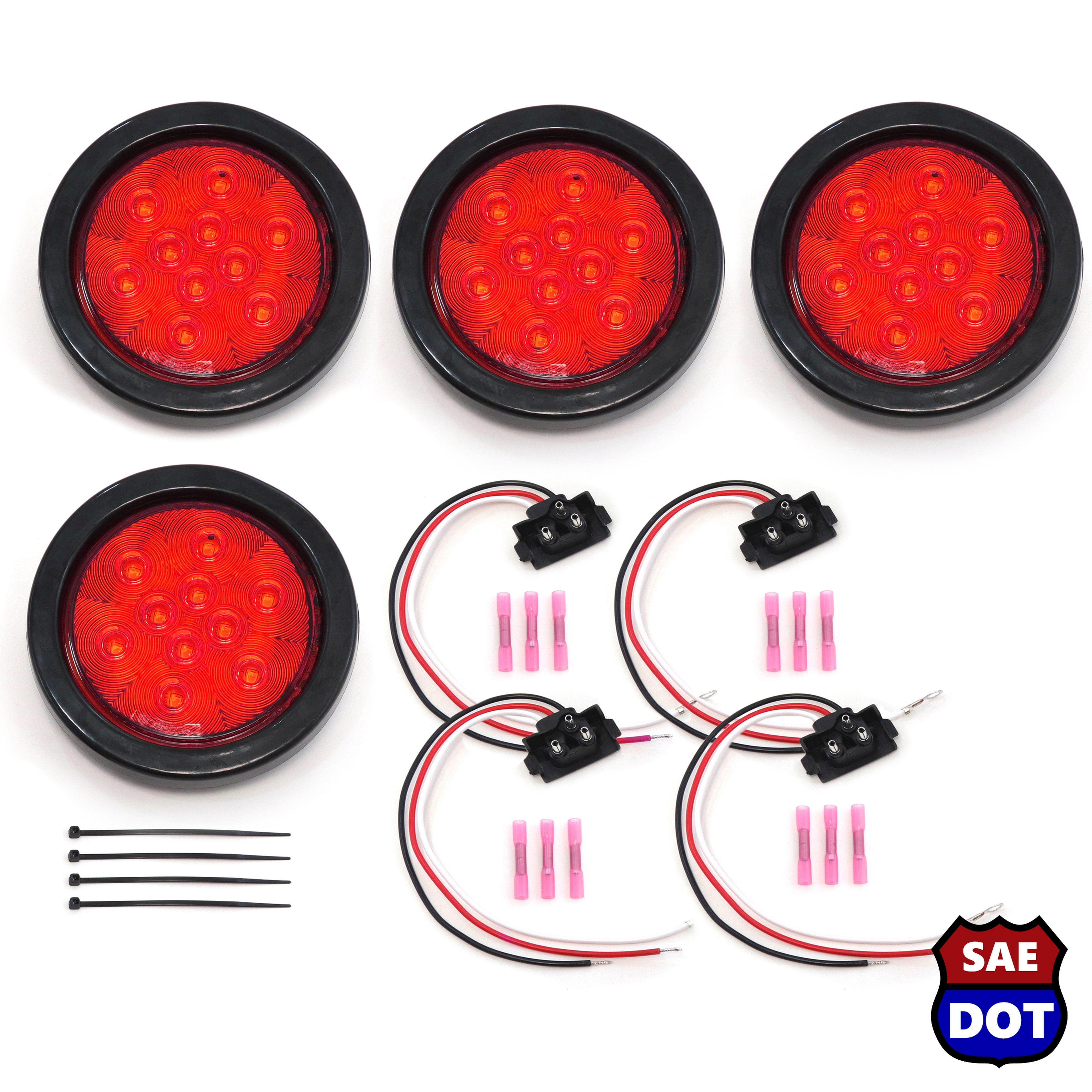 4 Inches Round 4 Pack Red 10 LED Stop Turn Tail Light Brake Flush Truck ...
