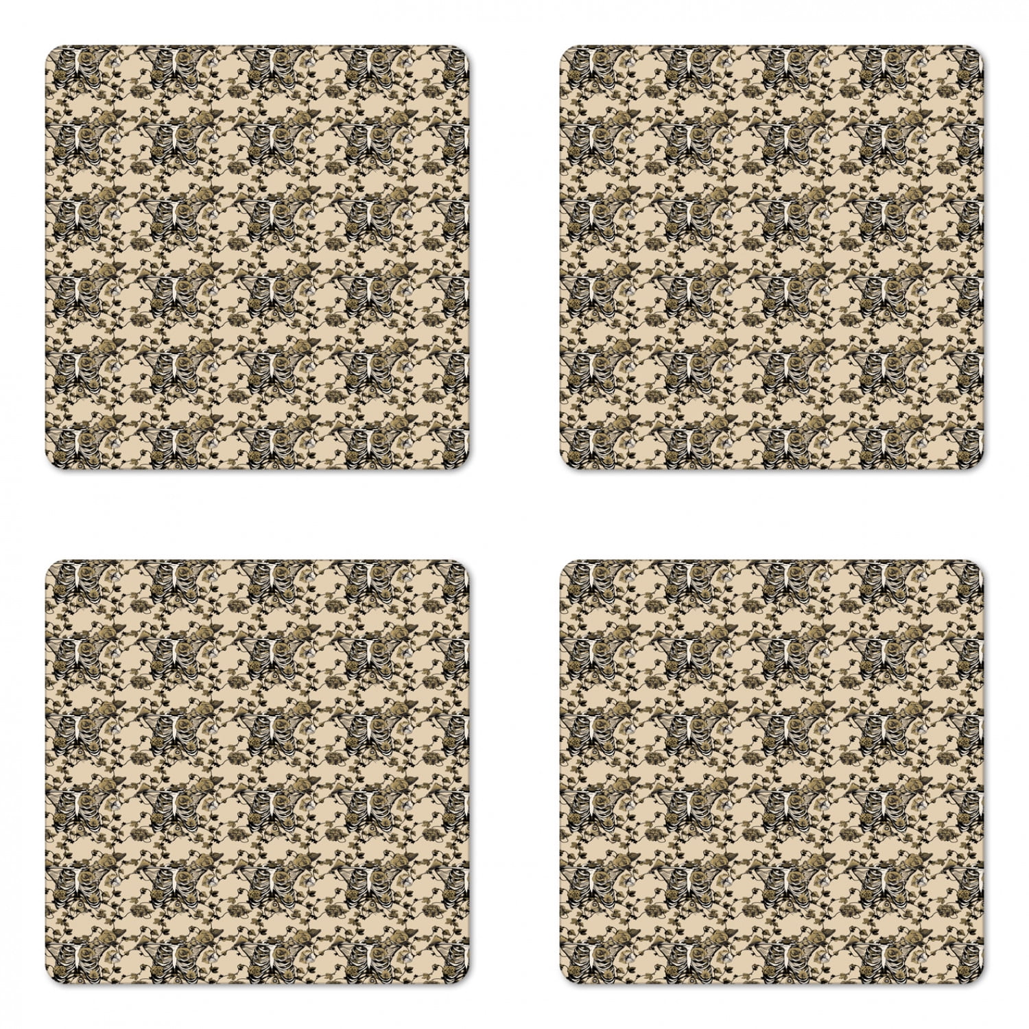 Gothic Coaster Set of 4, Chest Bones Ribcage Flowers Butterflies Autumn ...