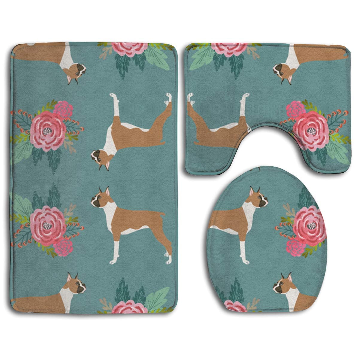 PUDMAD Boxer FlowersFlorals Pet Dog 3 Piece Bathroom Rugs Set Bath Rug ...