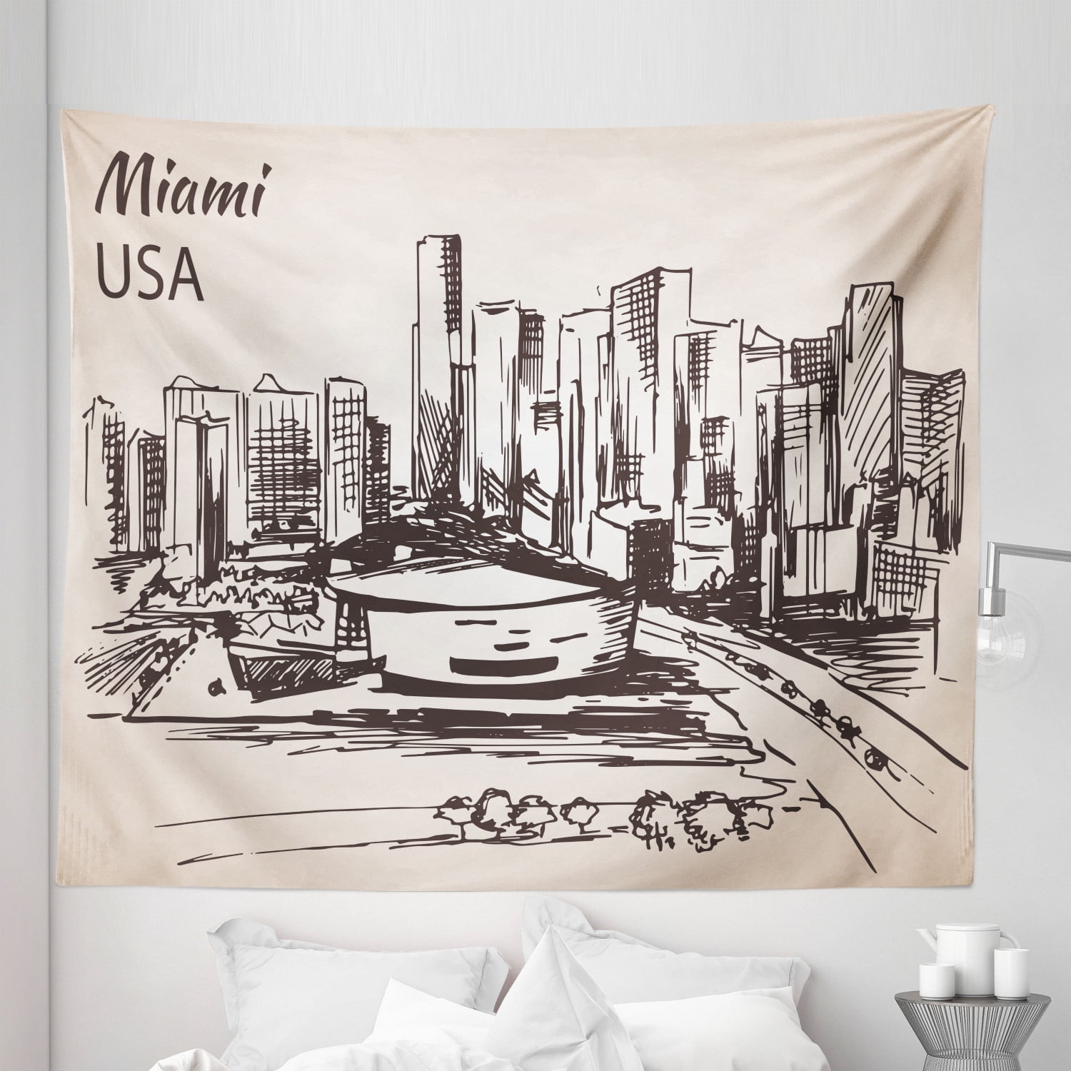 Florida Tapestry, Hand Drawn Miami Cityscape Sketch USA Architecture ...