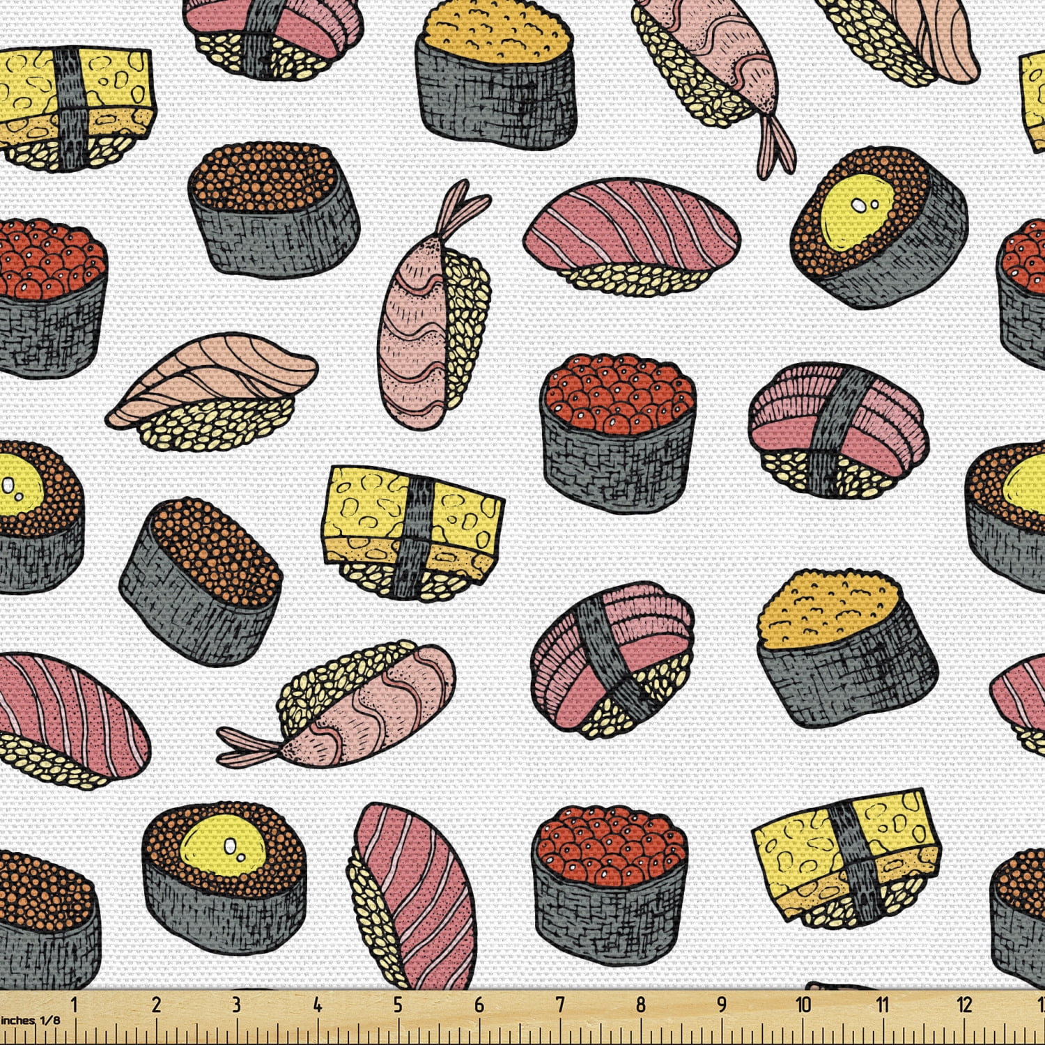 Sushi Fabric by the Yard, Sashimi and Rolls Cuisine Delicious Doodle ...