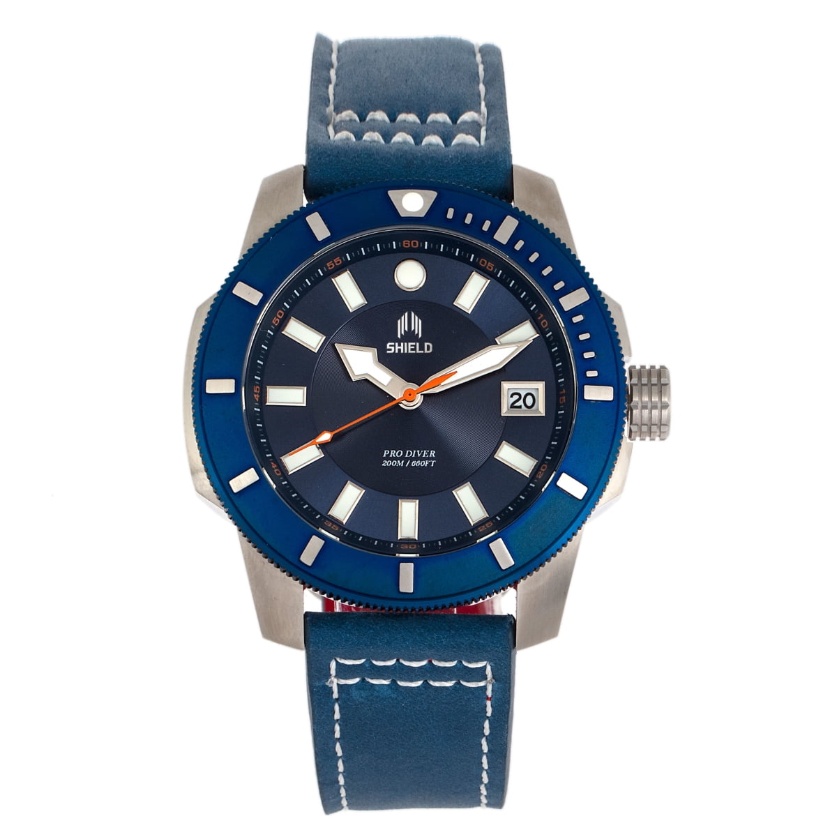 Shield Shaw Leather-Band Men'S Diver Watch W/Date - Silver/Blue ...