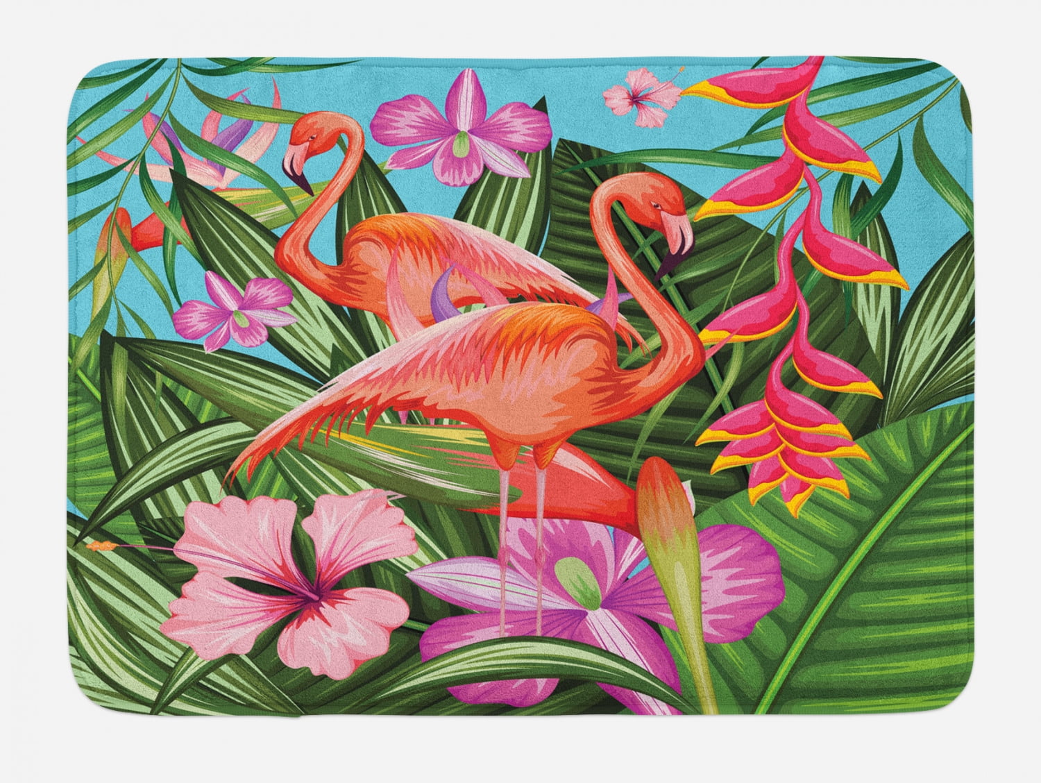 Flamingo Bath Mat, Illustration of Flamingo with Tropical Garden ...