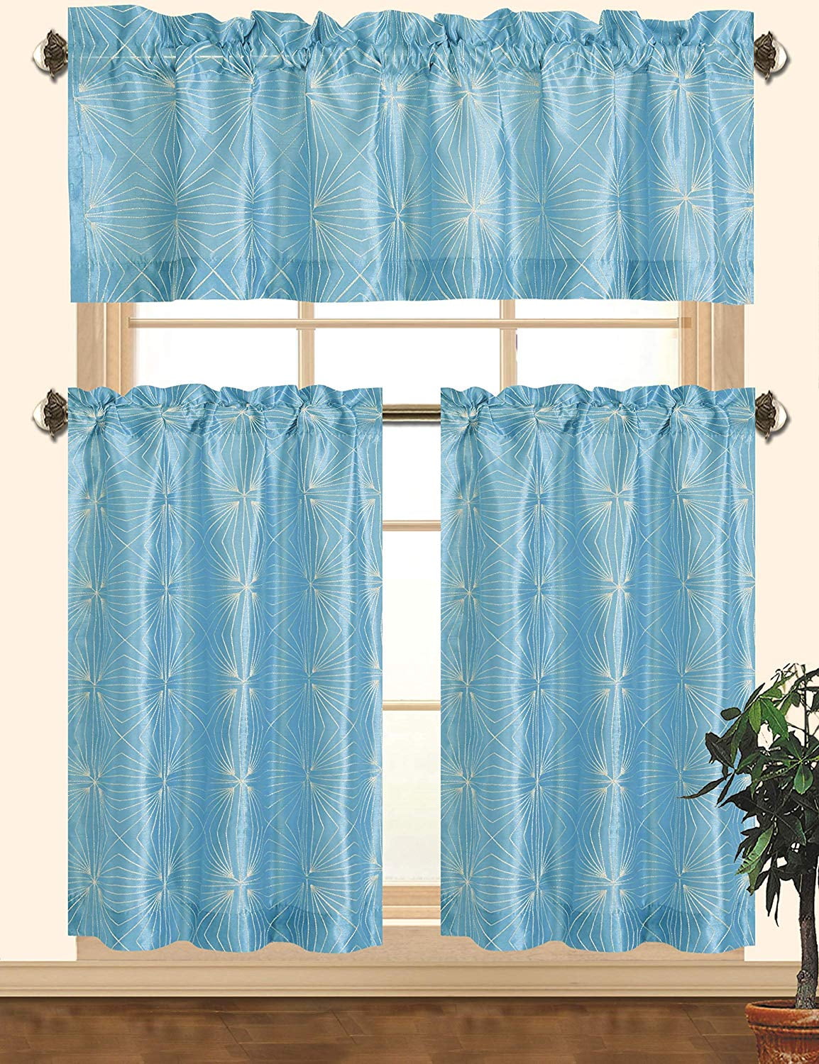 Dana Kitchen Curtain Set, Decorative Faux Silk 3pc Rod Pocket Valance ...