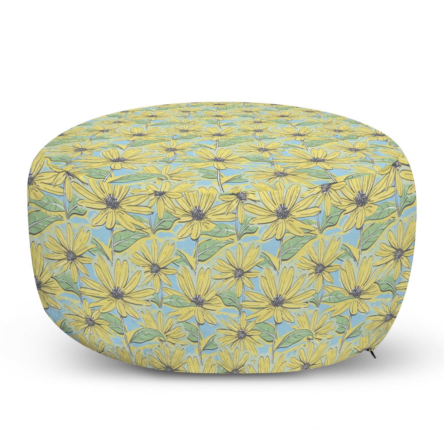 Floral Pouf Cover with Zipper, Continuous Innocent Echinacea Hand Drawn ...