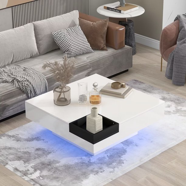 Square Coffee Table with Plug-in 16-color LED Lights, Modern Sofa Table ...