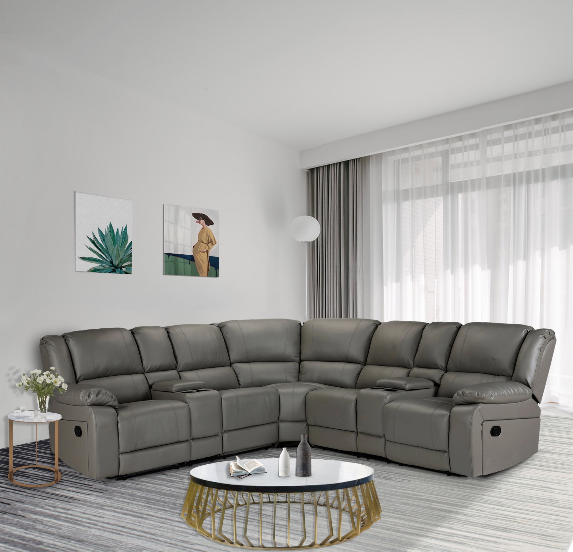 L-shaped Sectional Reclining Sofa, Modern PU upholstered Corner Sofa ...