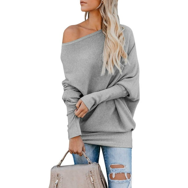 Sysea Womens Off Shoulder Sweater Batwing Sleeve Ribbed Loose