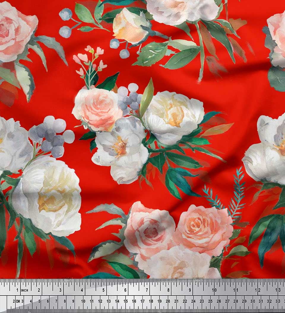 Soimoi Red Modal Satin Fabric Begonia & Peony Floral Print Sewing ...