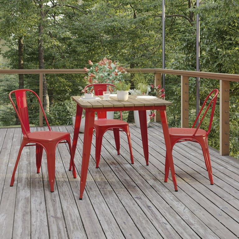 Flash Furniture Declan Commercial Grade Indoor Outdoor Dining Table 31.5 Square All Weather Brown Poly Resin Top with Red Steel Base Walmart