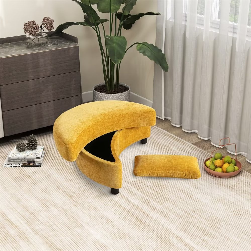 Half Moon Storage Ottoman Bench, Chenille Fabric Upholstered Coffee ...