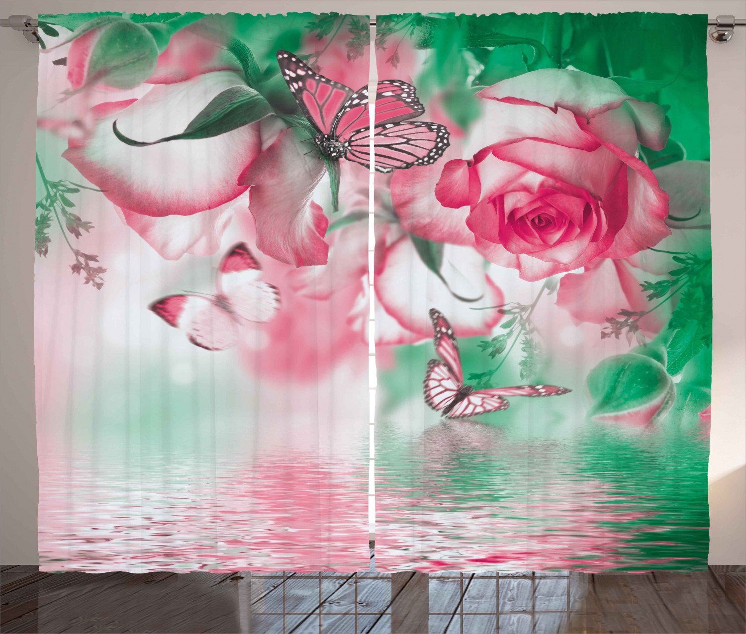 Spring Curtains 2 Panels Set, Refreshing Rose Petals and Butterfly ...