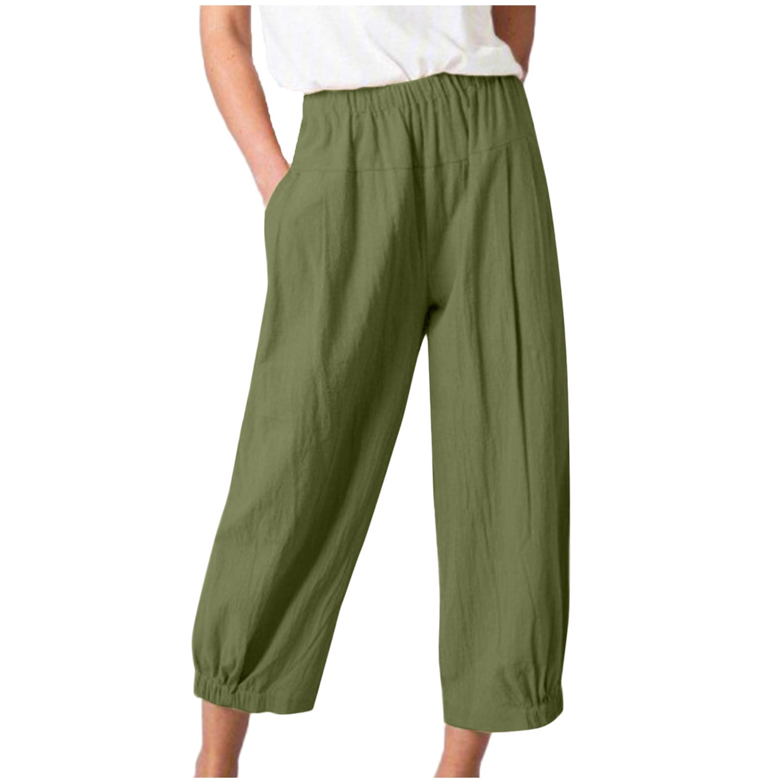 YanHoo Women's Baggy Capris Linen Wide Leg Elastic Waist Pants Loose ...