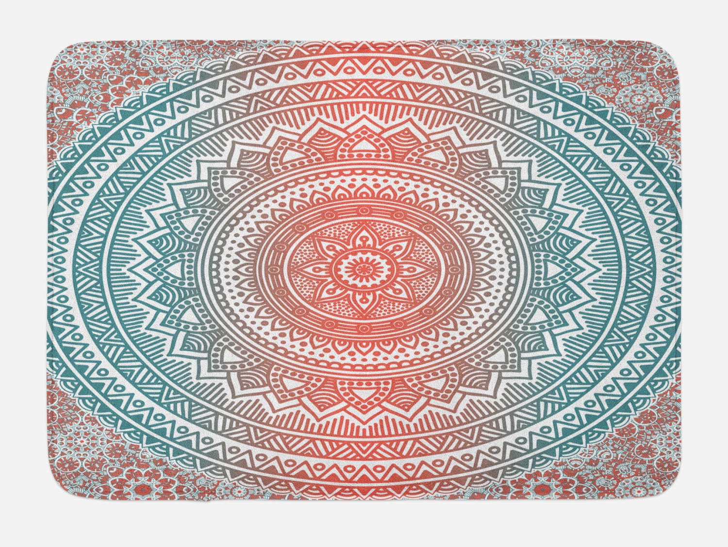 Teal and Coral Bath Mat, Ombre Mandala Art Antique Gypsy Stylized Folk ...