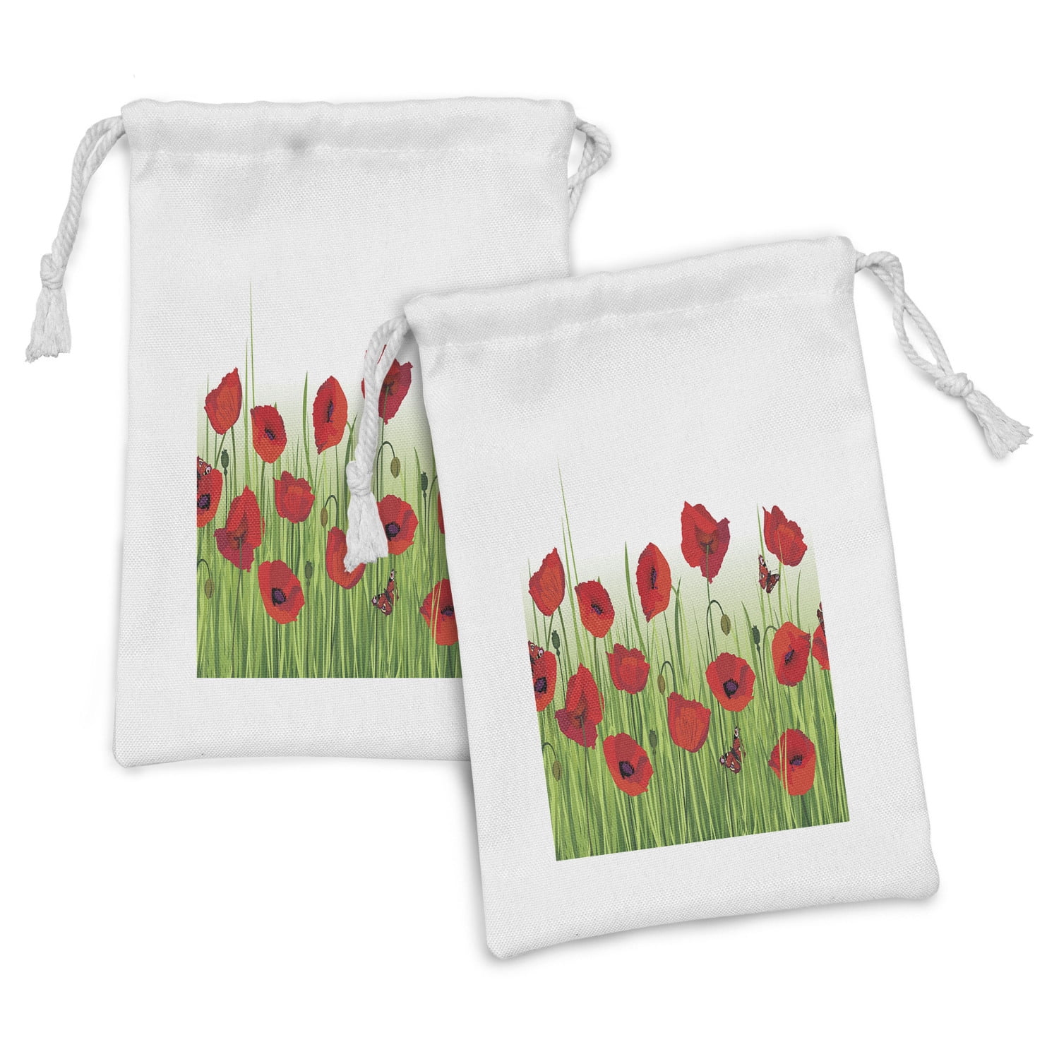 Flower Fabric Pouch Set of 2, Grass Flowers Butterfly Floral ...