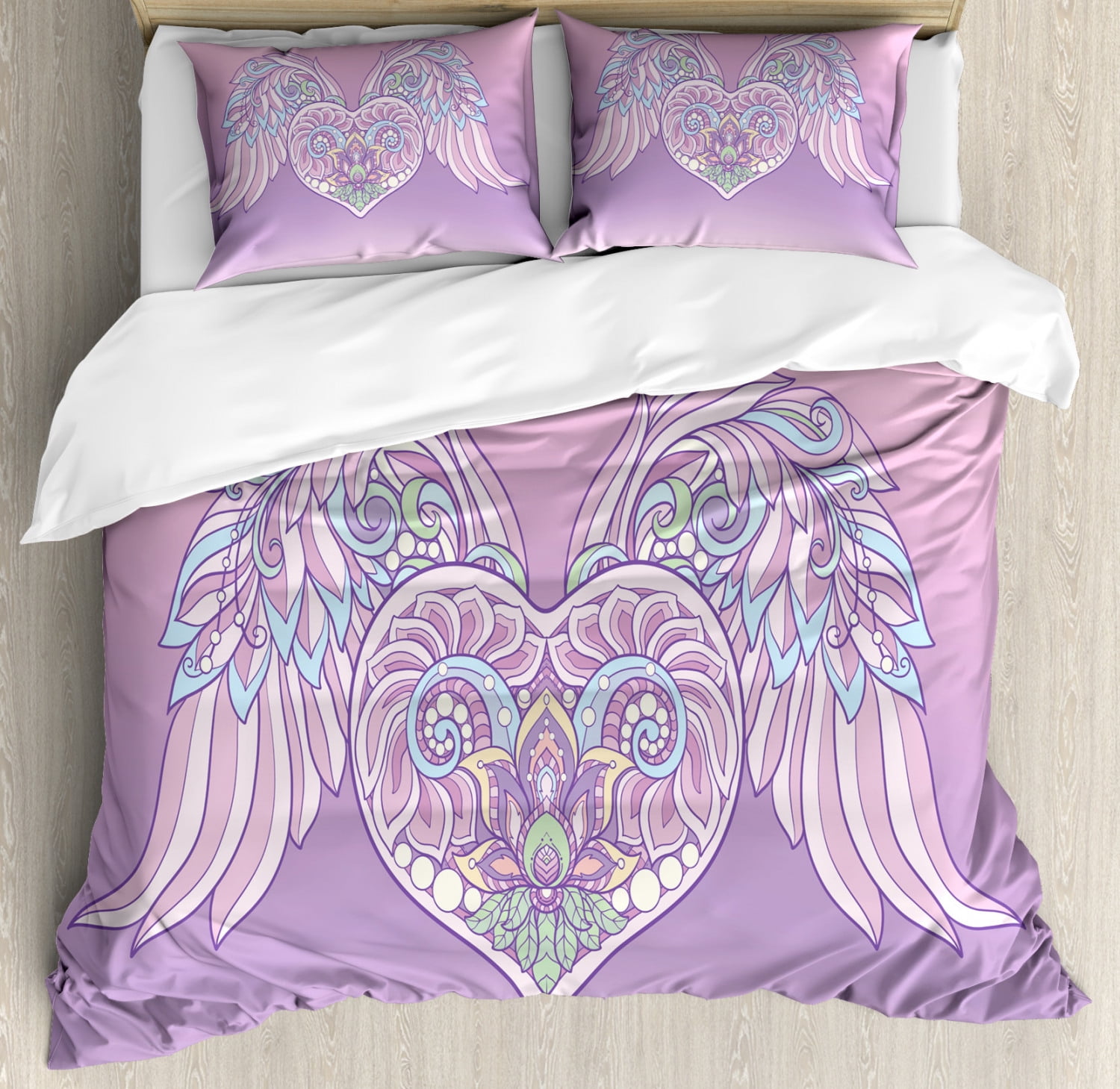 Angel Wings Duvet Cover Set Queen Size, Ornamental Heart with Feather ...