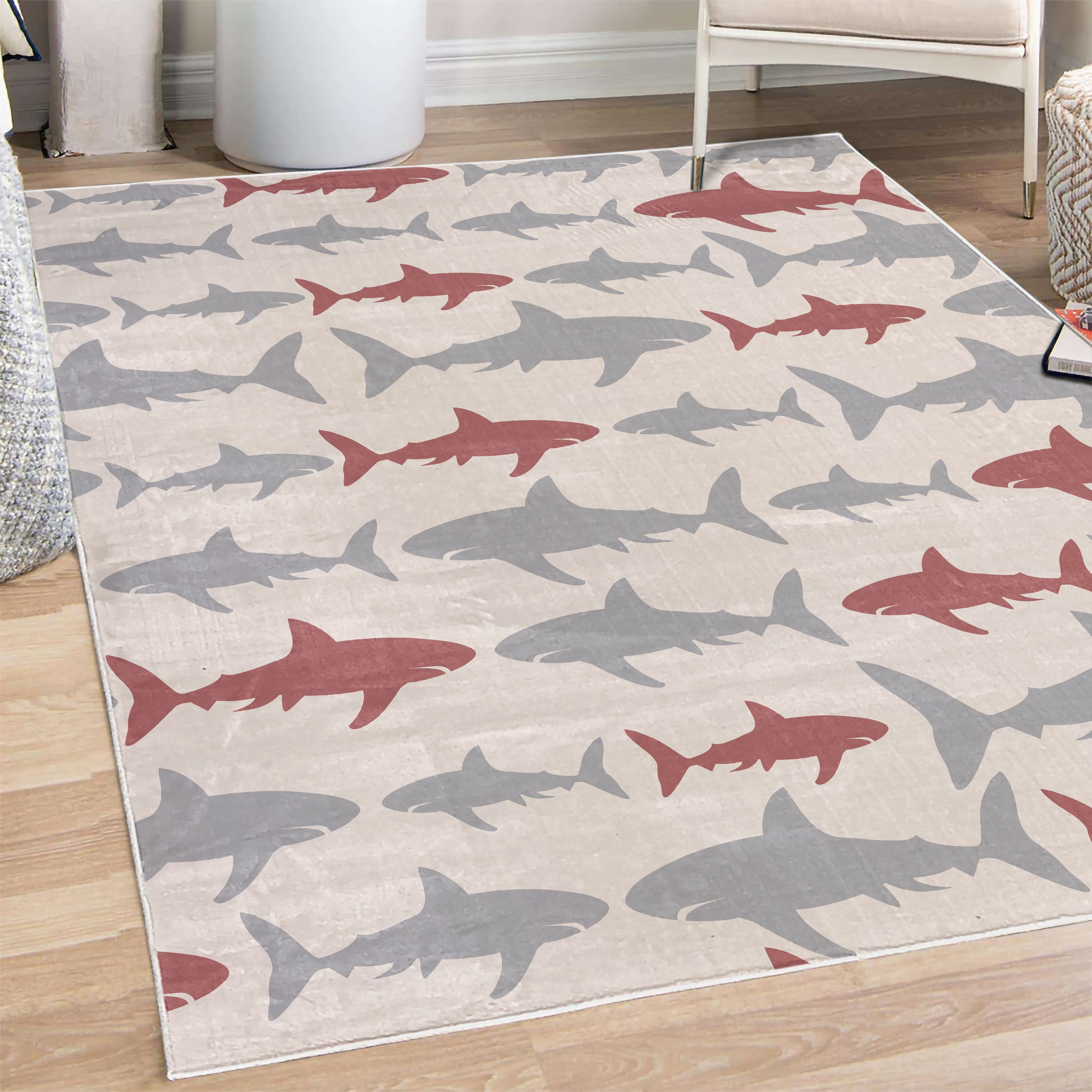 Sea Animals Decorative Rug, Monochrome Shark Illustration Fashion ...
