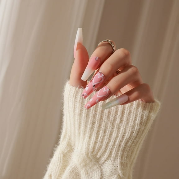 Yoyauz Coffin Pressed Nails Long Fake French Nails Full Coverage ...