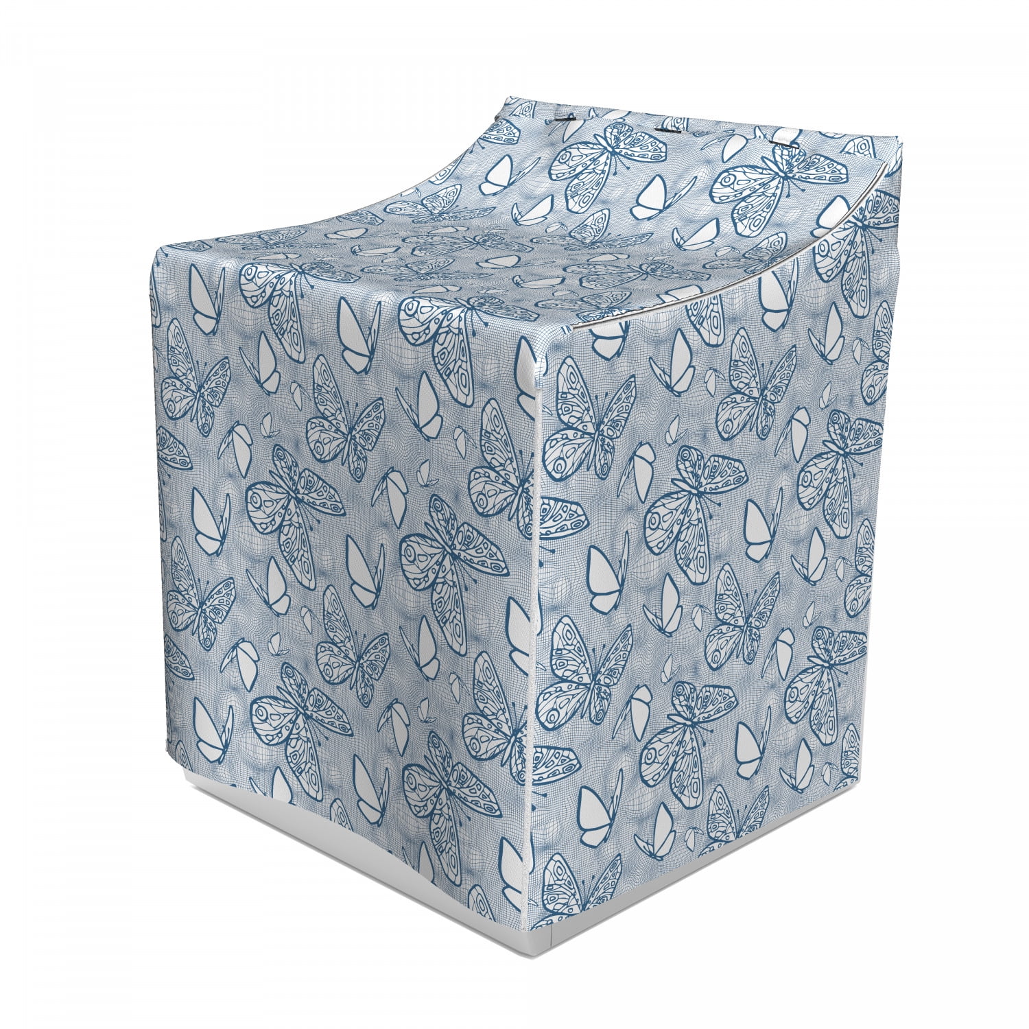 Blue and White Washer Cover, Abstract Doodle Flying Butterfly Motifs on ...