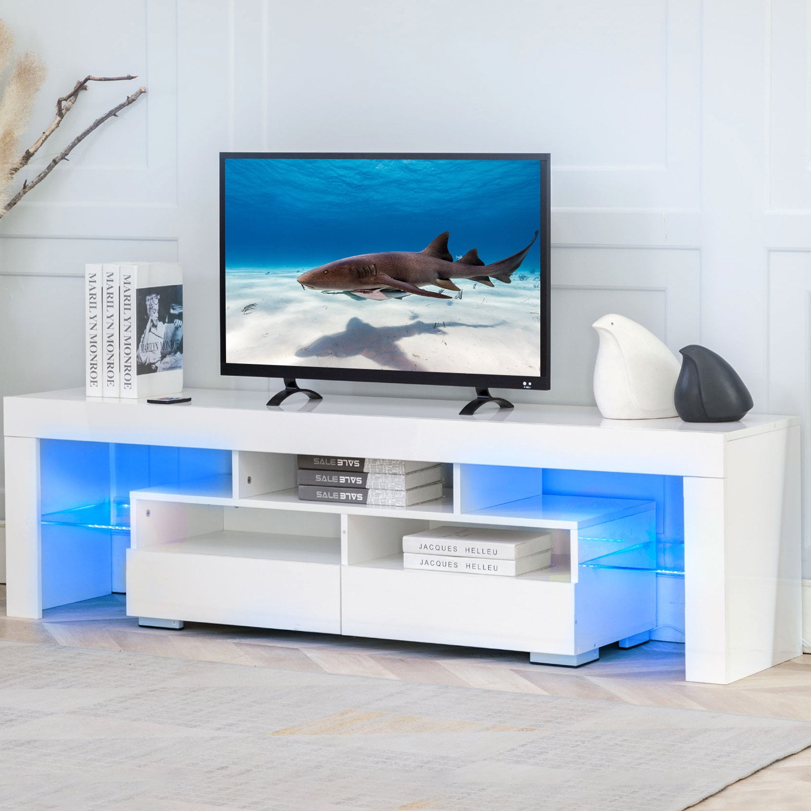 Bonzy Home High Glossy TV Stand for 70 Inch TVs with LED Light, Modern ...