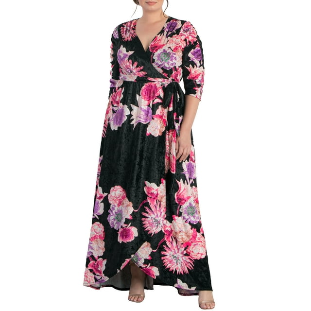 Kiyonna Women's Plus Size Cara Velvet Wrap Dress, High-Low Maxi Dress ...