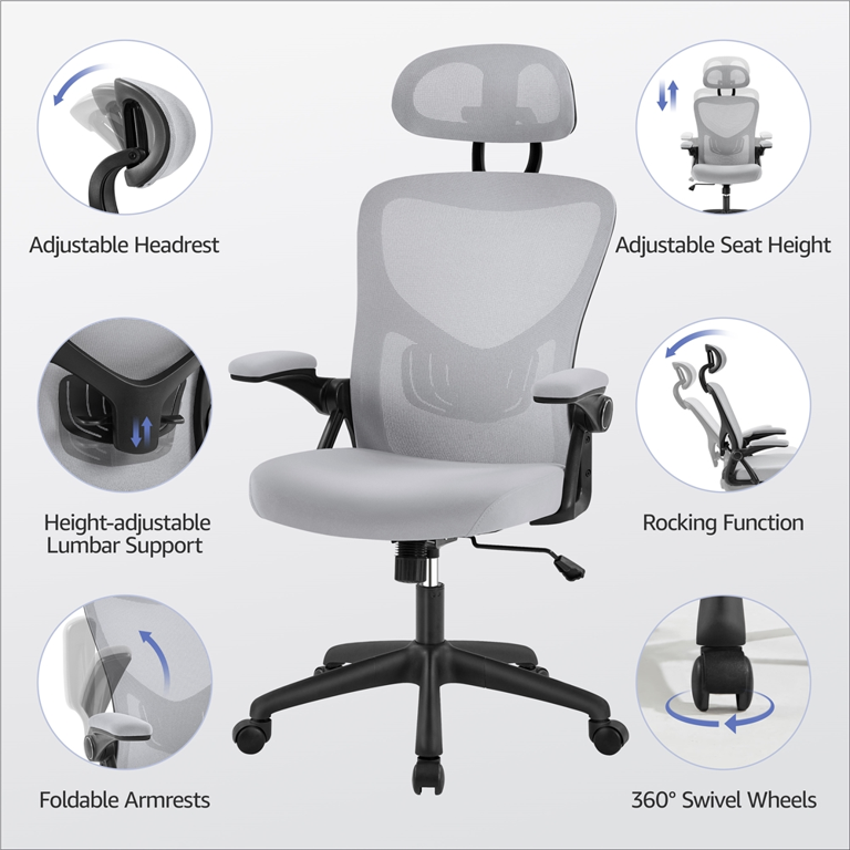 Smile Mart High Back Ergonomic Mesh Office Chair with Folding Padded Armrests Light Gray Walmart