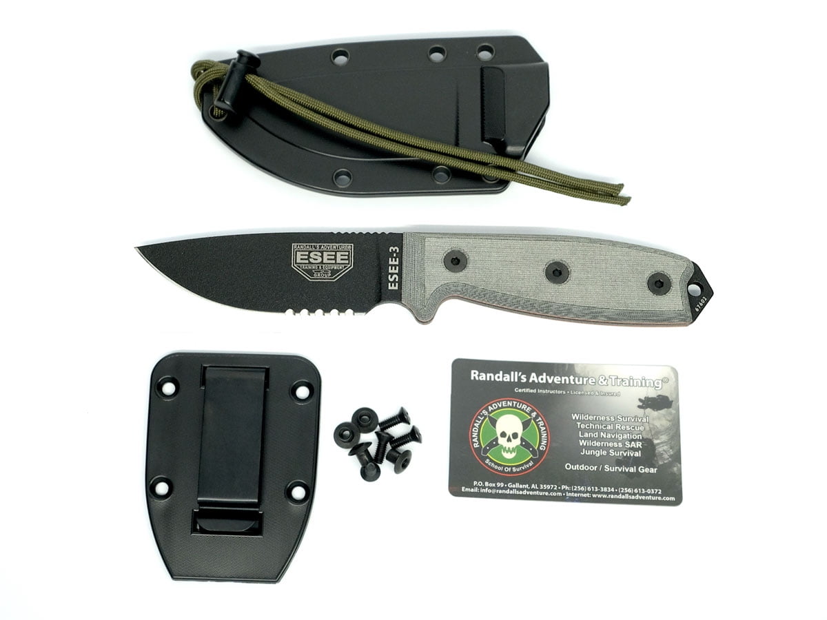 ESEE 3S-B Fixed Blade Knife Black 1095 Carbon Steel & Gray G10 w/ Black ...