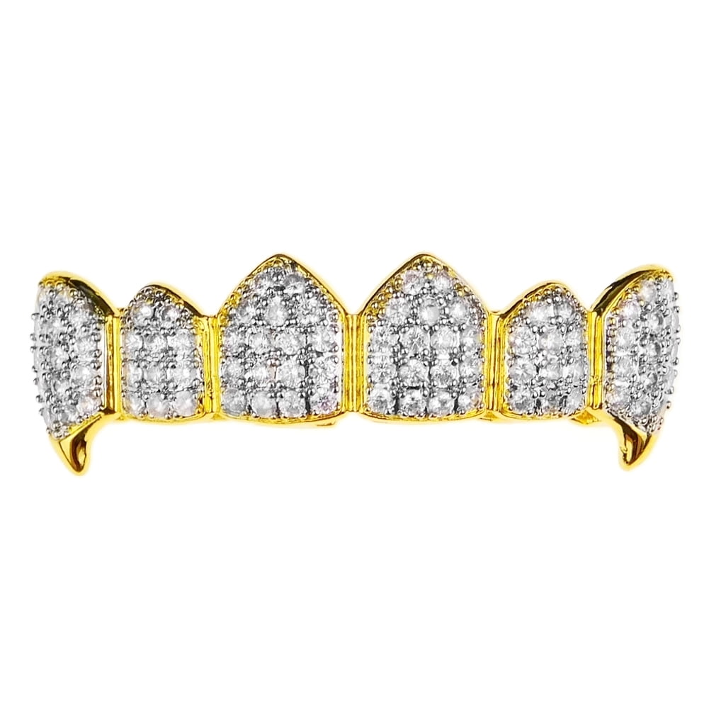 18K Gold Plated 2 Tone Vampire Grillz CZ Bling Fangs Top Teeth Hip Hop ...