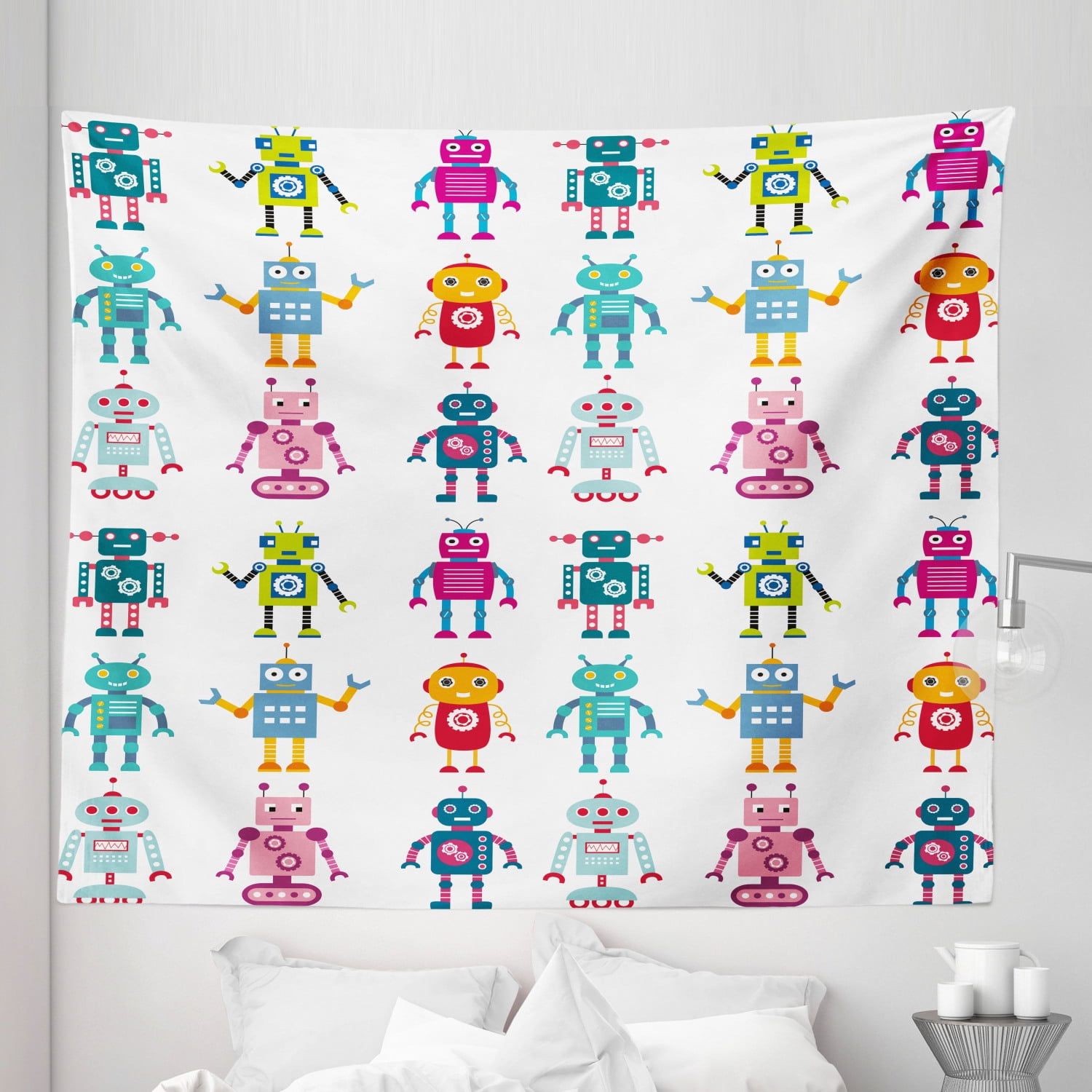 Cartoon Tapestry, Colorful Style Robot Futuristic Funny Mascots ...