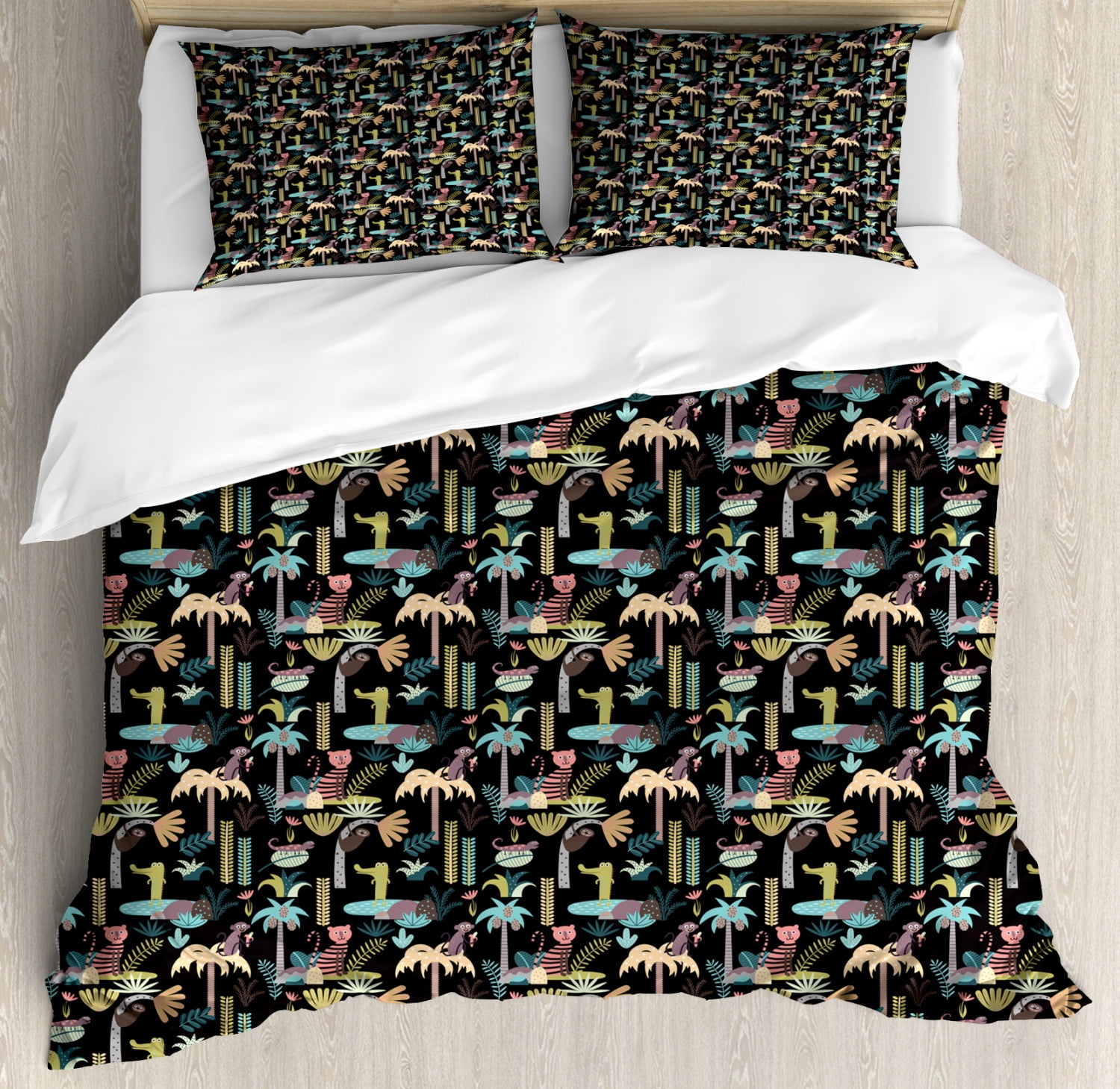 Jungle Duvet Cover Set Queen Size, Tropical Island Nature and Wildlife ...