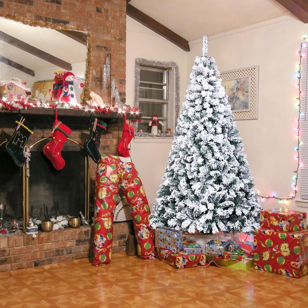 UBesGoo 6ft Artificial Christmas Tree, Snow Flocked Hinged Pine Tree ...