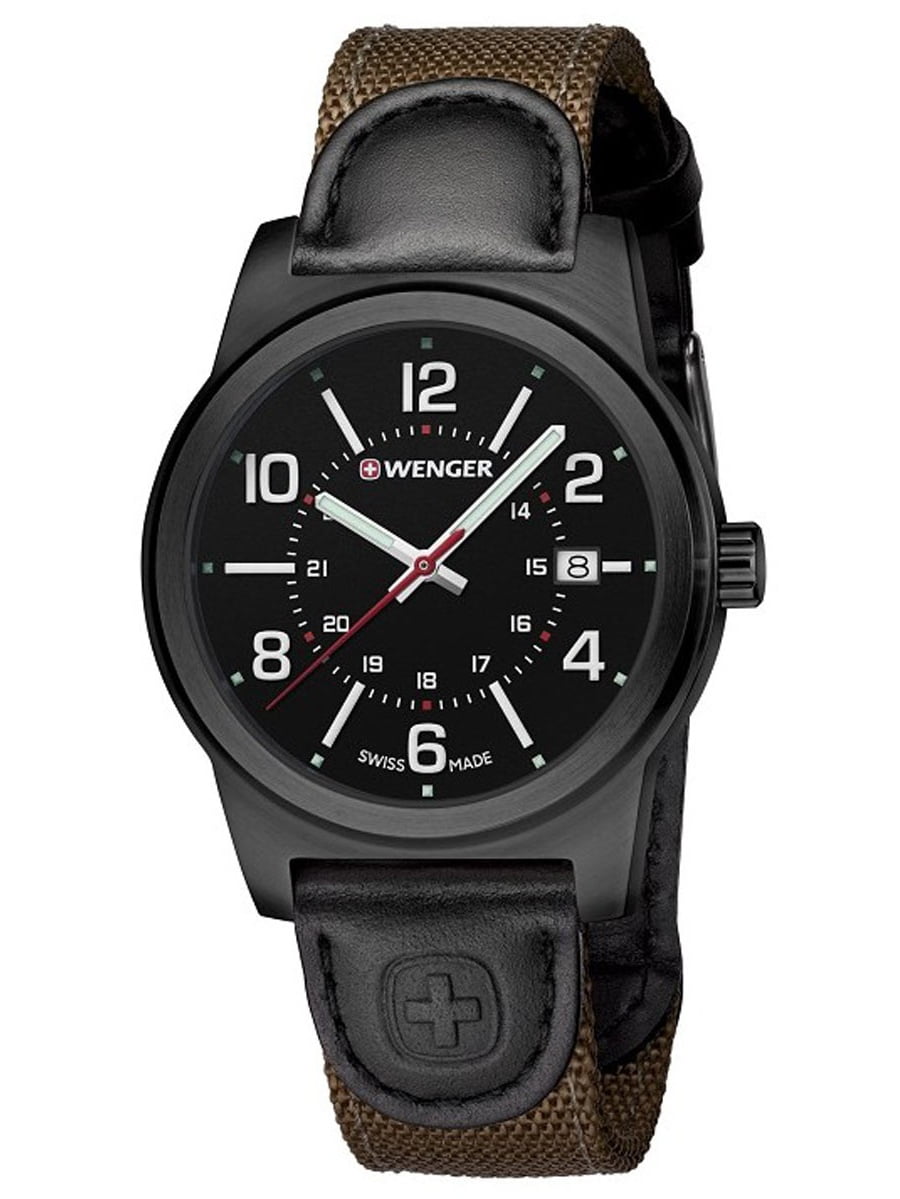 Wenger Men's 01.0441.165 Field Gear Black Dial Brown Nylon and Leather ...