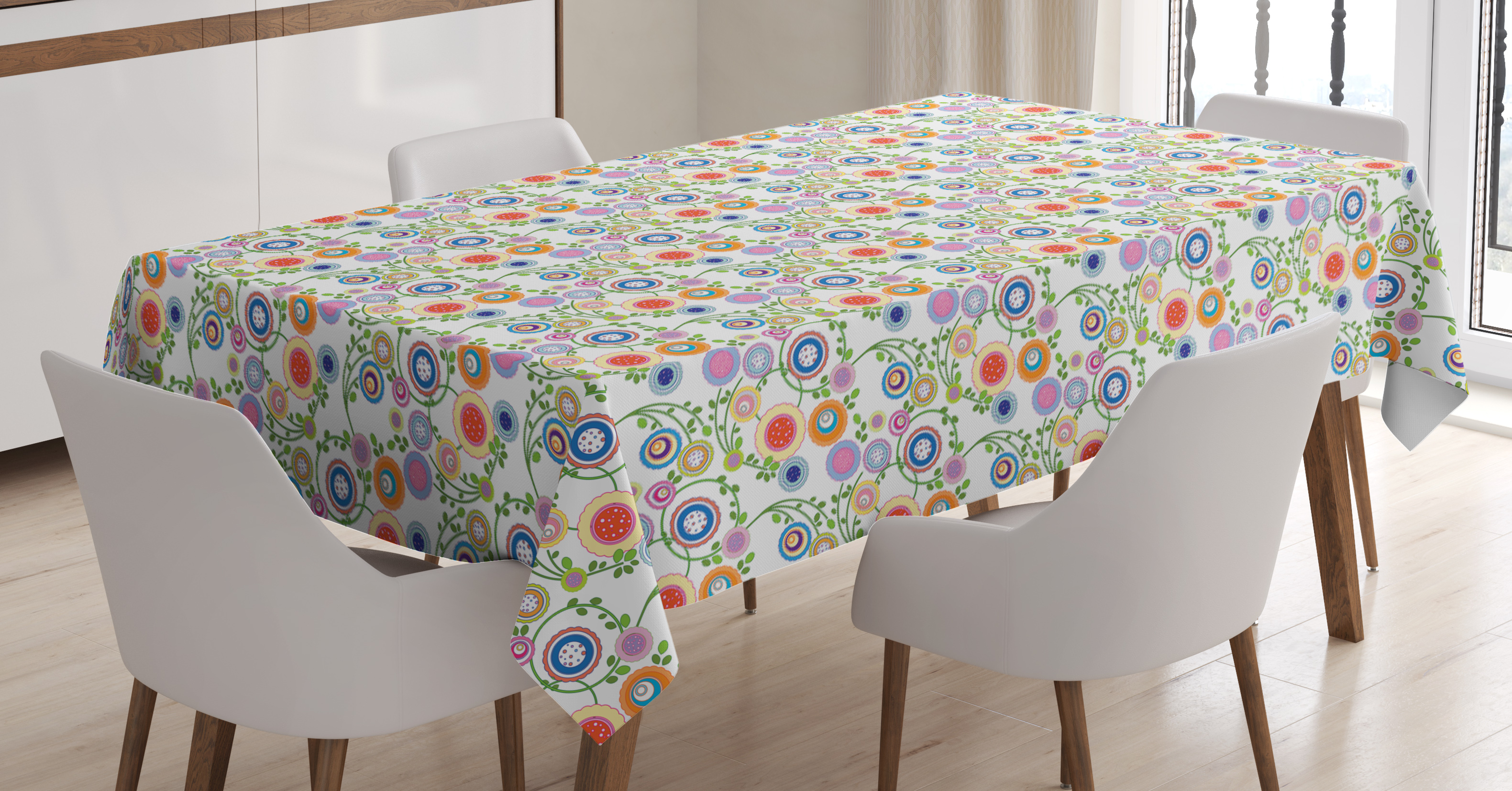 Floral Tablecloth, Spring Theme with Circular Flower Petals Blossom ...