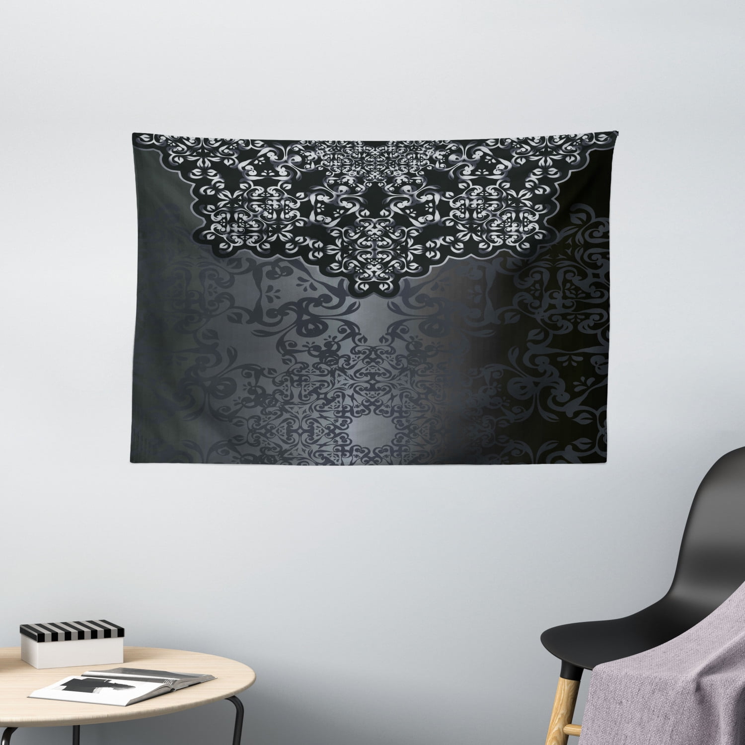 Dark Grey Tapestry, Vintage Damask Inspired Ornament Victorian Swirls ...