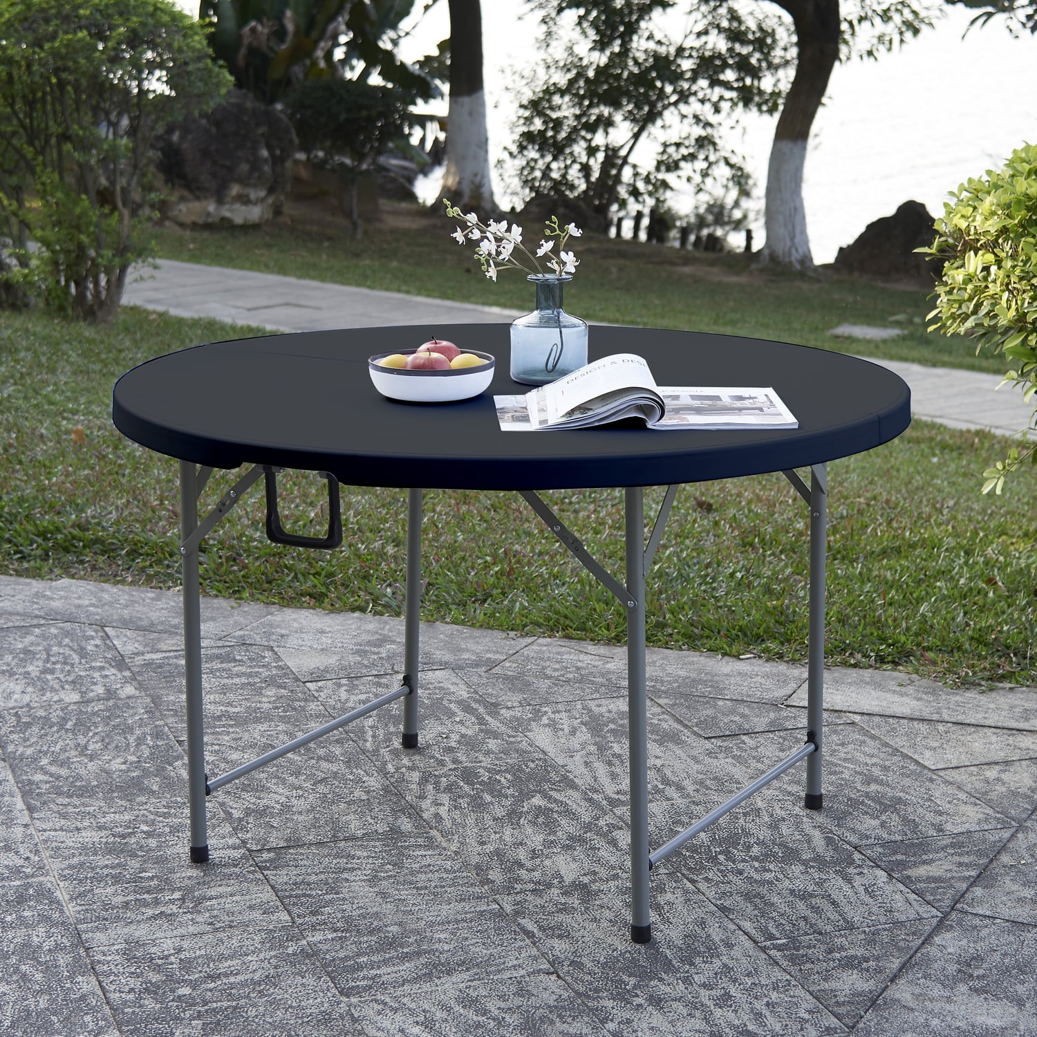 Naomi Home Round Folding Table Bi-Fold Resin Table with Carrying Handle ...