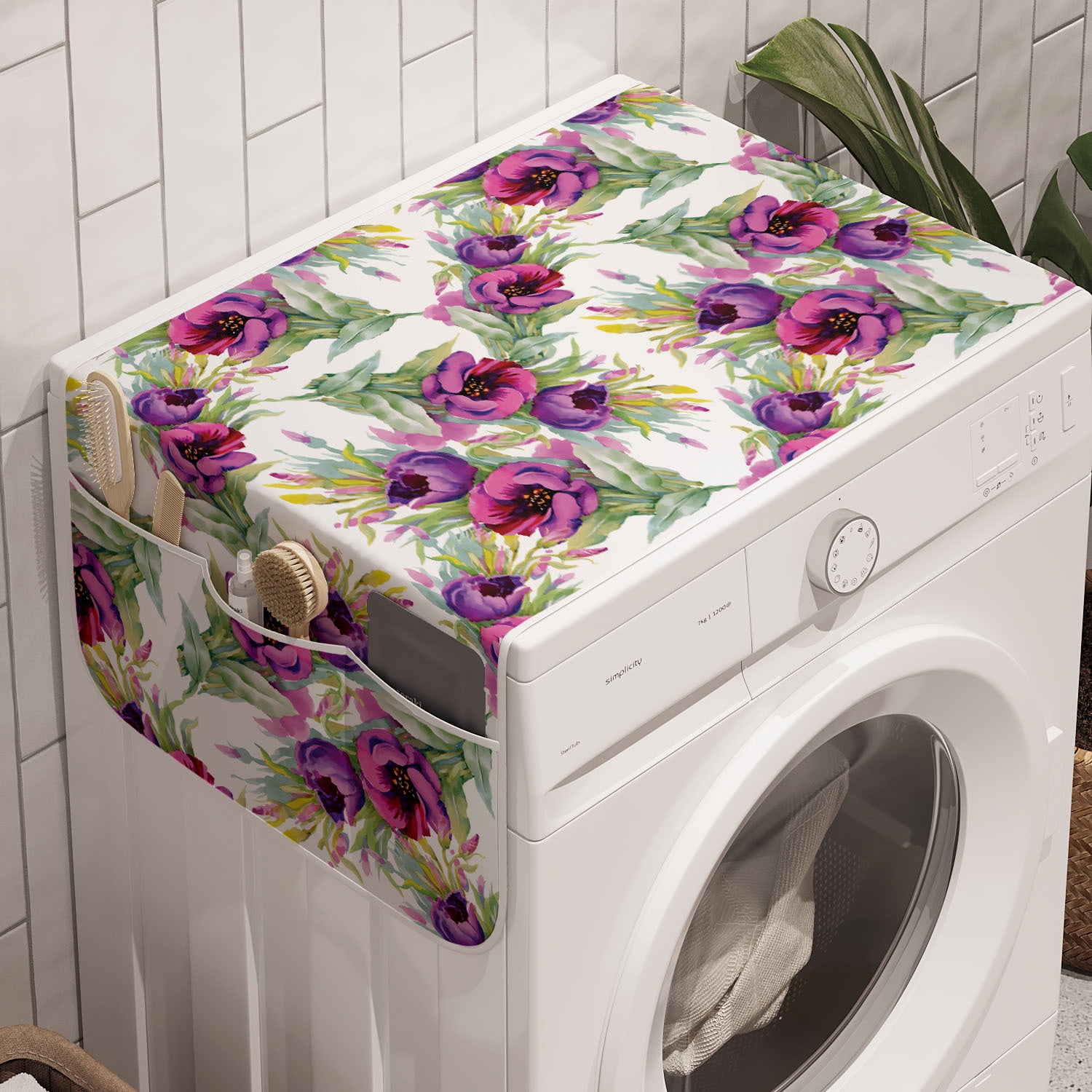 Floral Washing Machine Organizer, Flowers Bouquet with Leaves Feminine ...