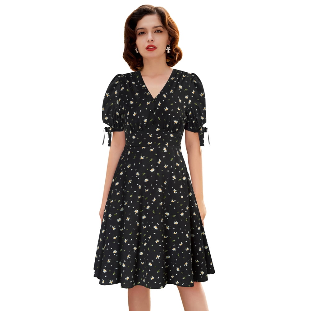 Belle Poque Women Vintage Defined Waist Dress Short Sleeve V-Neck Flared A-Line Dress Summer ...