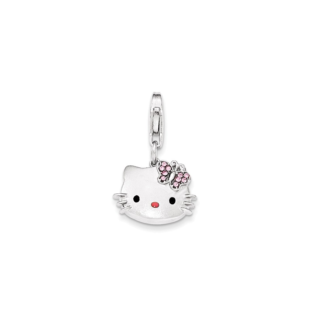 Solid 925 Sterling Silver Enamel Hello Kitty Pink Nose and Crystal Bow ...