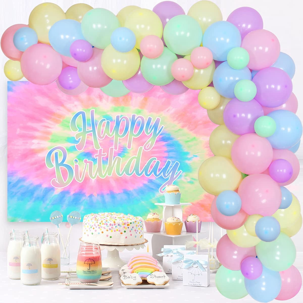 Tie Dye Birthday Decorations for Girls, Macaron Color Balloon Garland ...