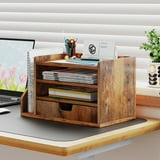 Multi-Tier Wood Desk File Organizer with Side File Rack, 3 Tray Shelves ...