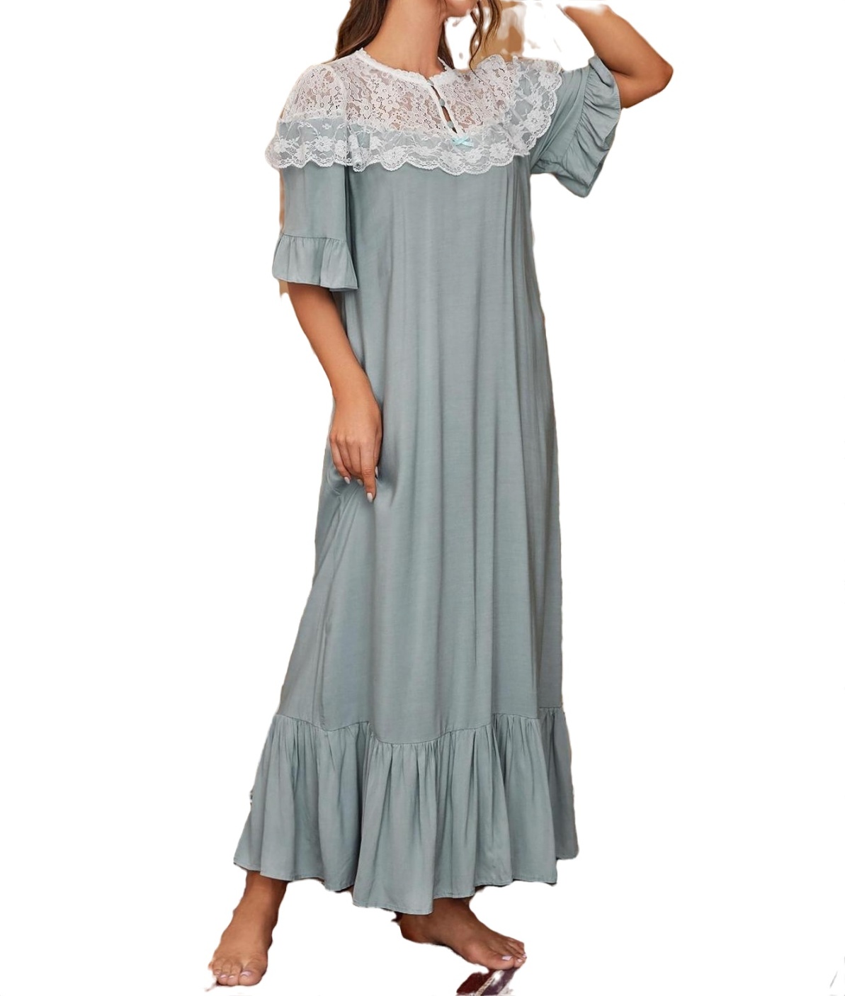 Royal Colorblock Button Front Nightgowns Round Neck Sleepwear Grey ...