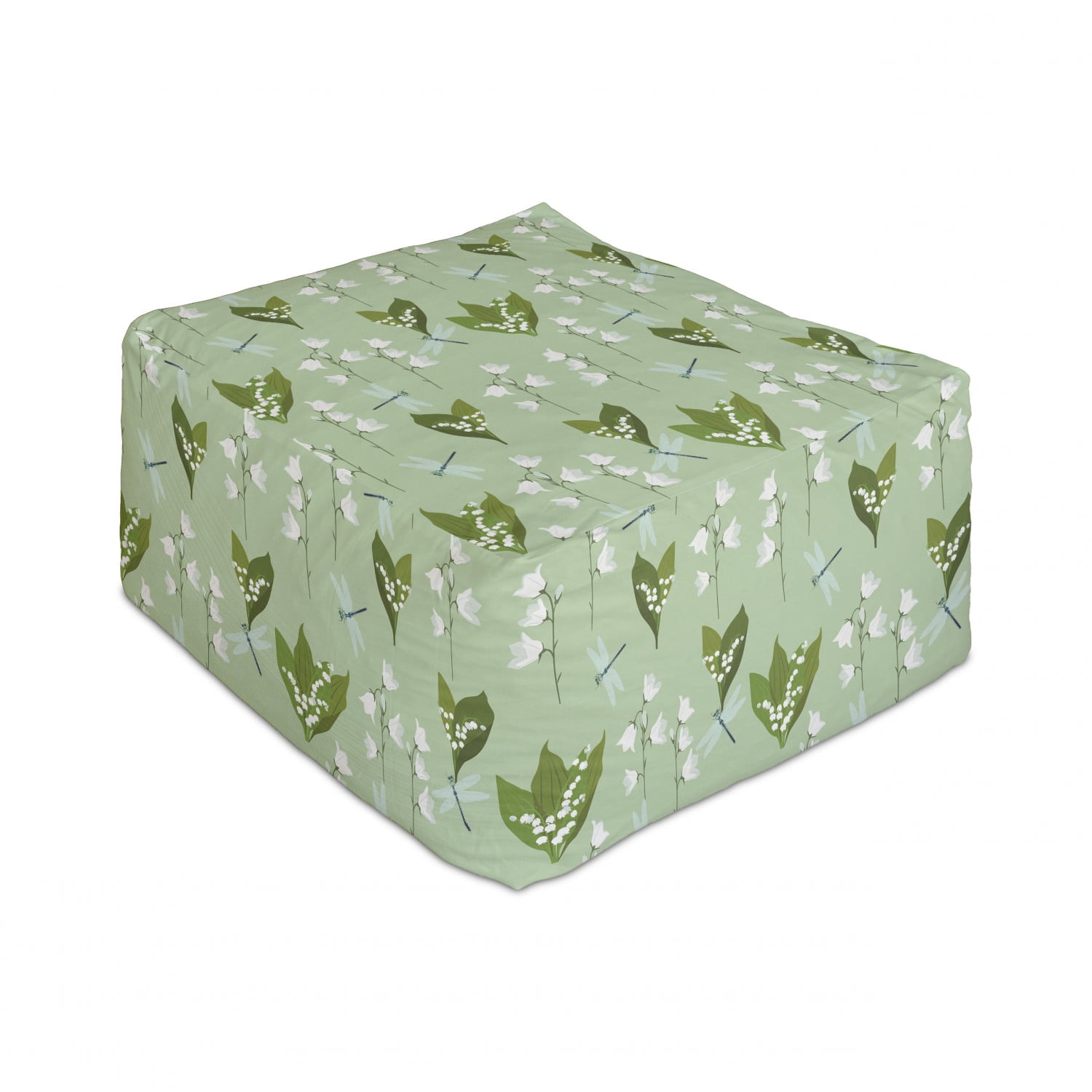 Floral Rectangle Pouf, Design of Dragonflies and Campanula Flowers Wild ...
