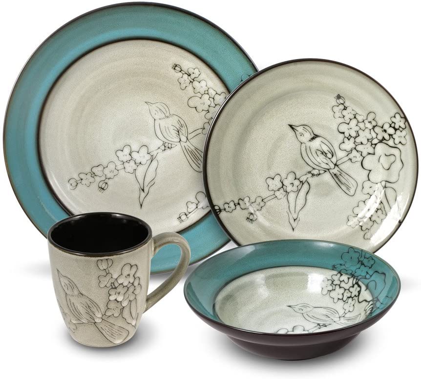 Gourmet Basics Song Bird Dinnerware Set, 16 Piece, Green, Gray ...
