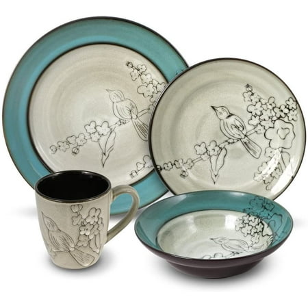 Gourmet Basics Song Bird Dinnerware Set, 16 Piece, Green, Gray ...